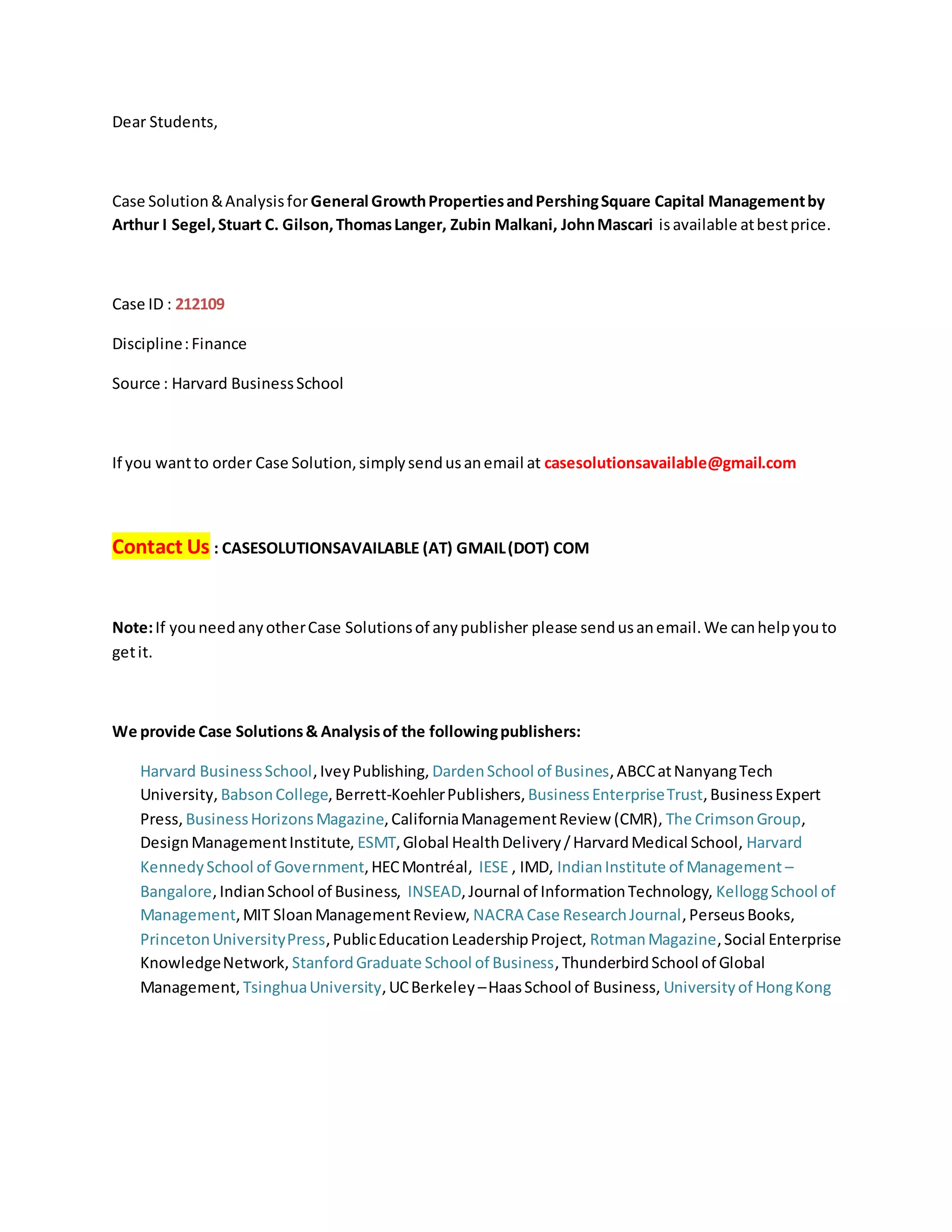 Case Solution for General Growth Properties and Pershing Square Capital ...