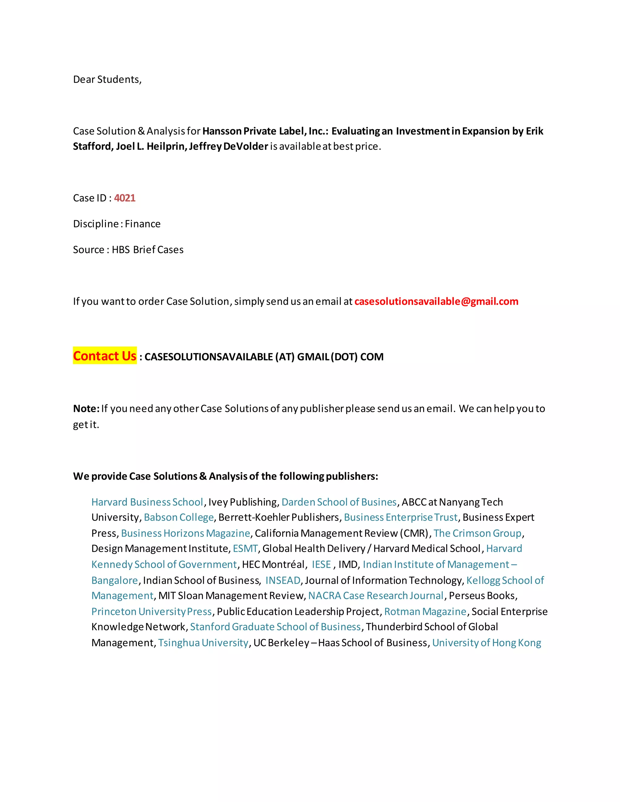 Case Solution for Hansson Private Label, Inc.: Evaluating an Investment ...