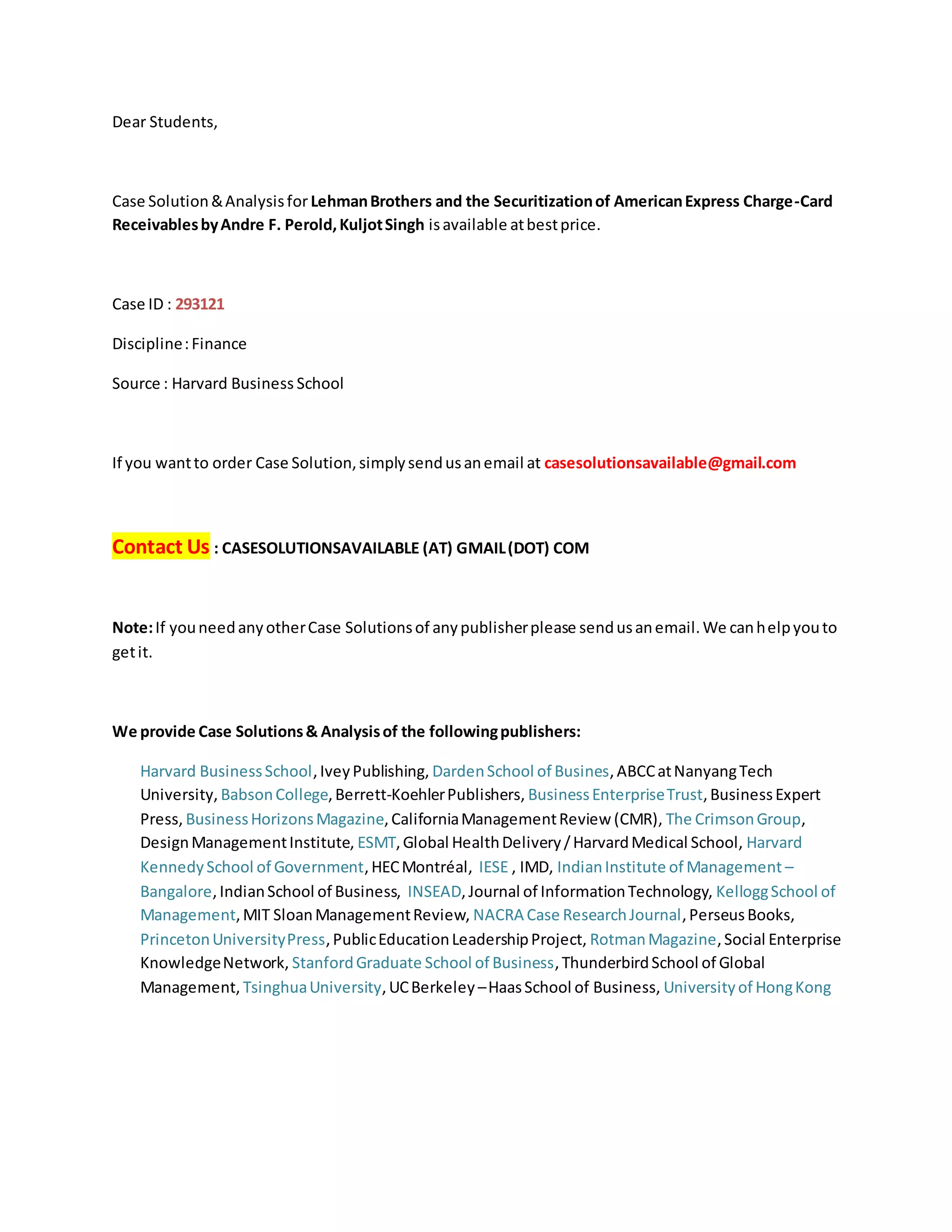 Case Solution for Lehman Brothers and the Securitization of American ...