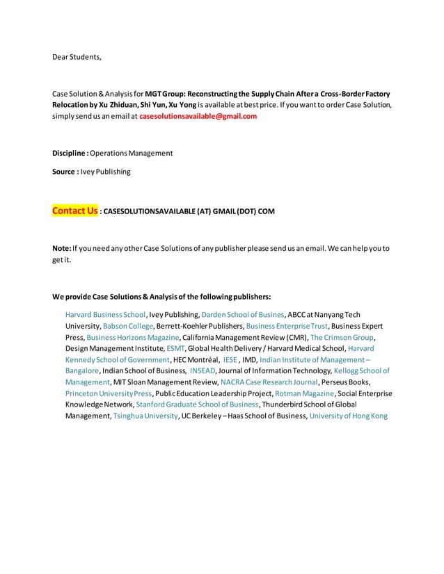 Case Solution for MGT Group: Reconstructing the Supply Chain After a ...