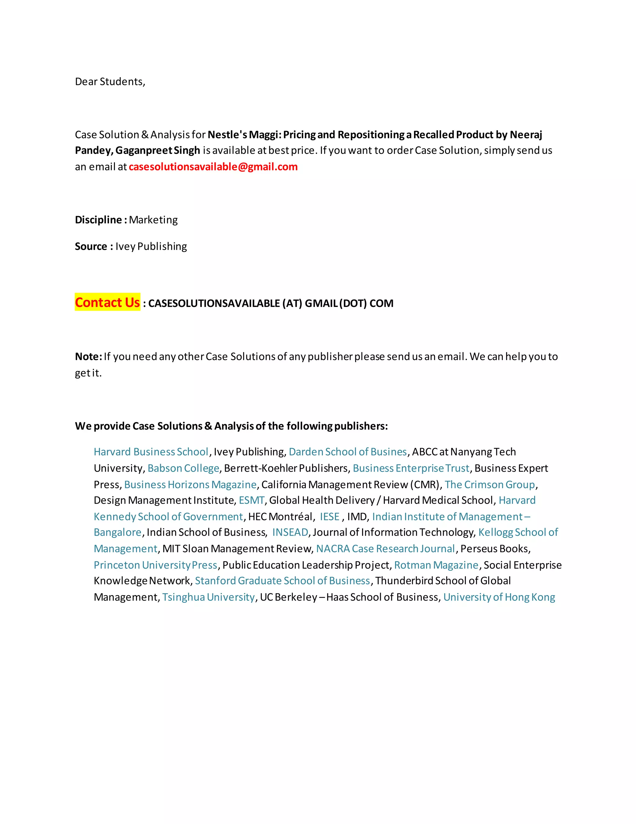 Case Solution for Nestle's Maggi: Pricing and Repositioning a Recalled Product | DOCX