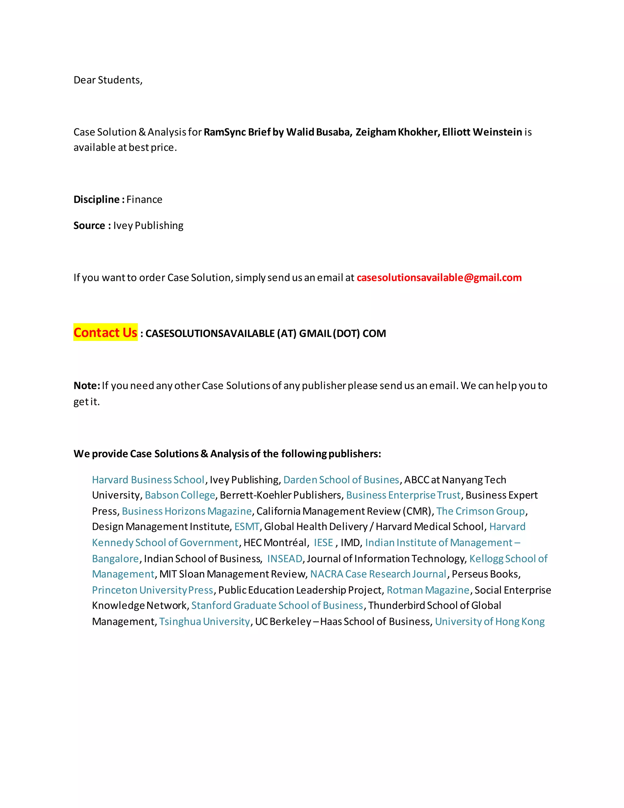 Case Solution for RamSync Brief | PDF