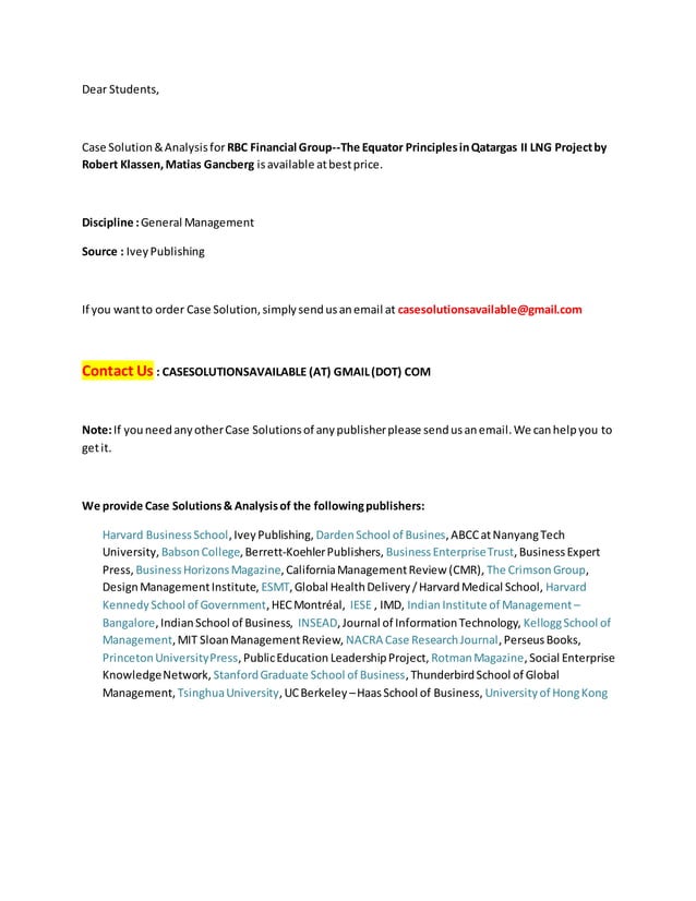 Case Solution for RBC Financial Group--The Equator Principles in ...