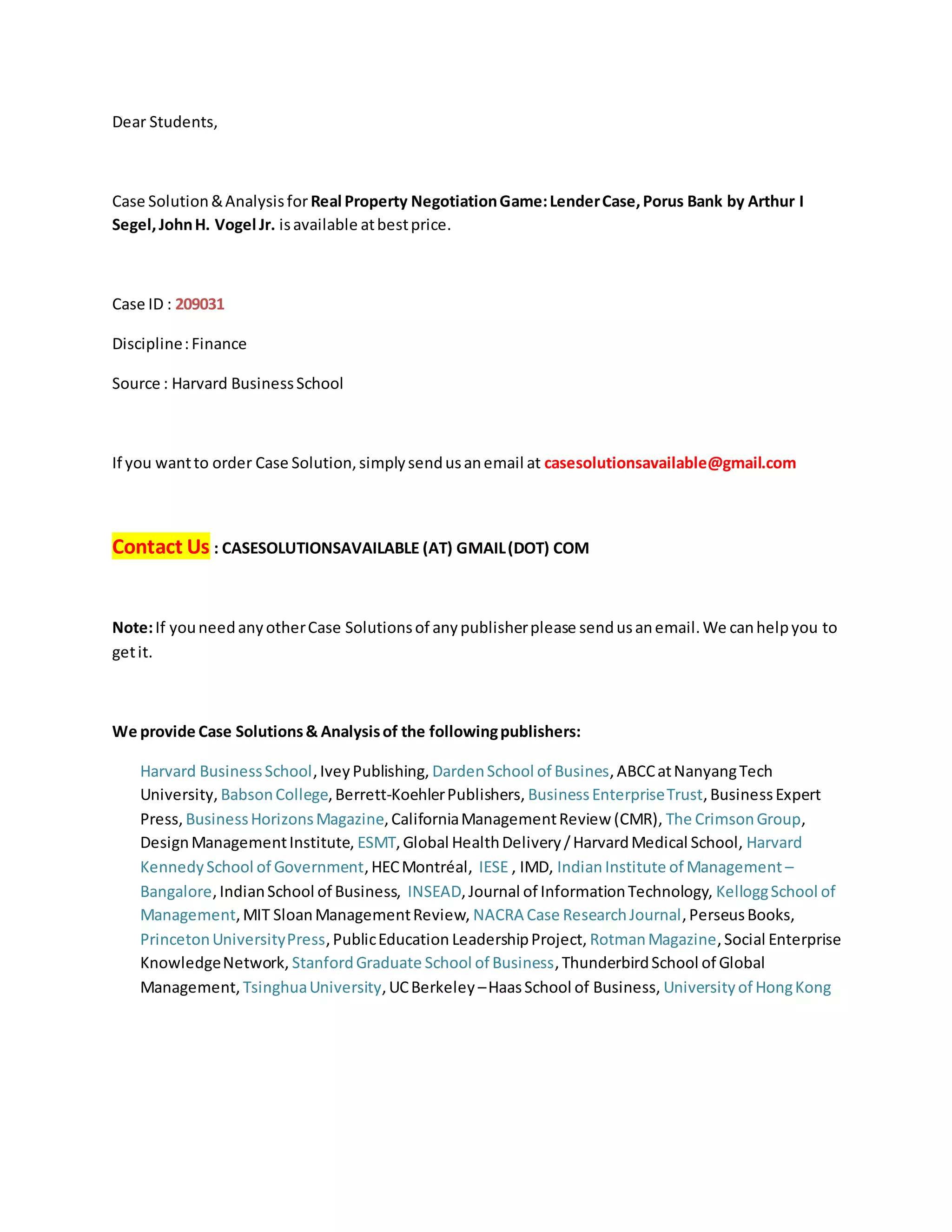 Case Solution for Real Property Negotiation Game: Lender Case, Porus ...