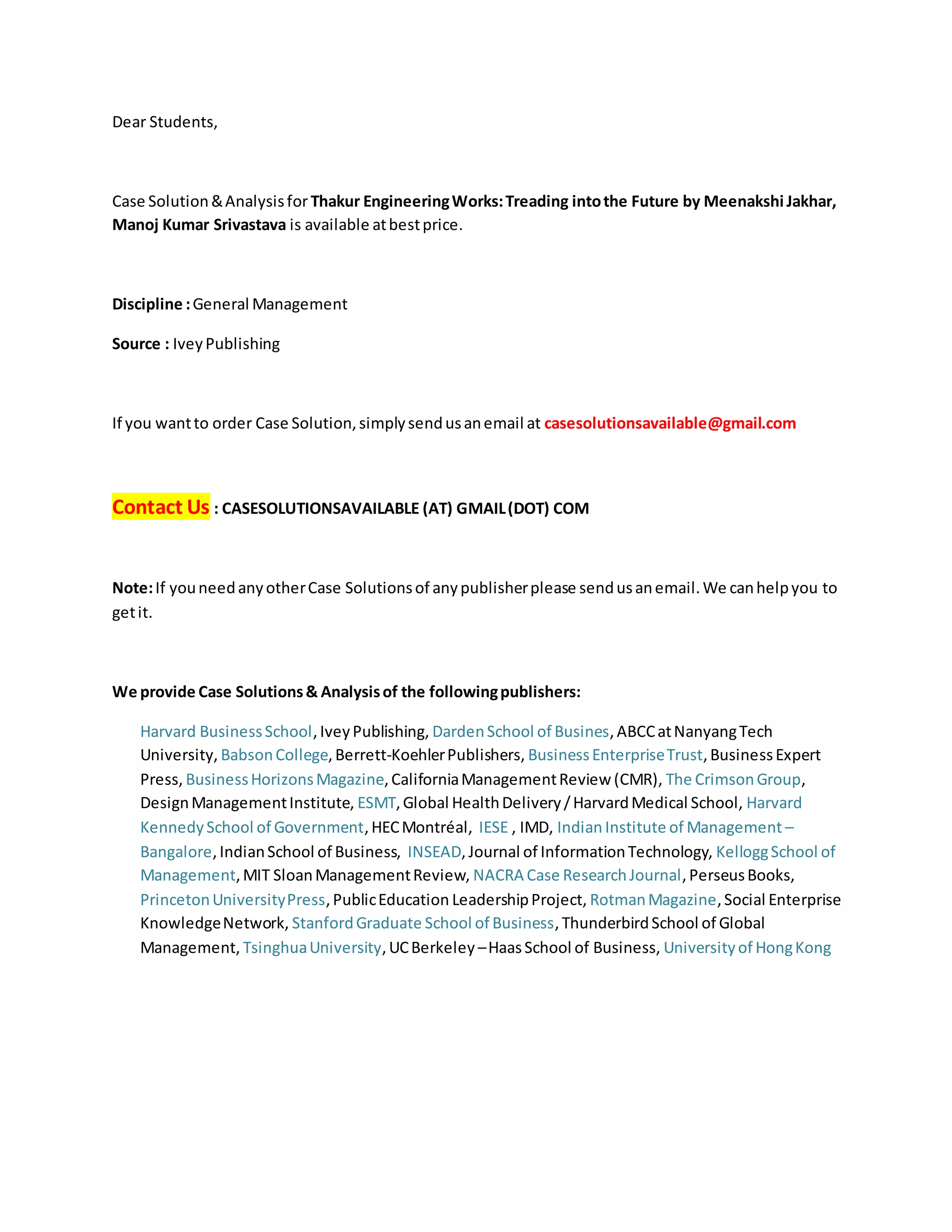 Case Solution for Thakur Engineering Works: Treading into the Future | DOCX | Business ...