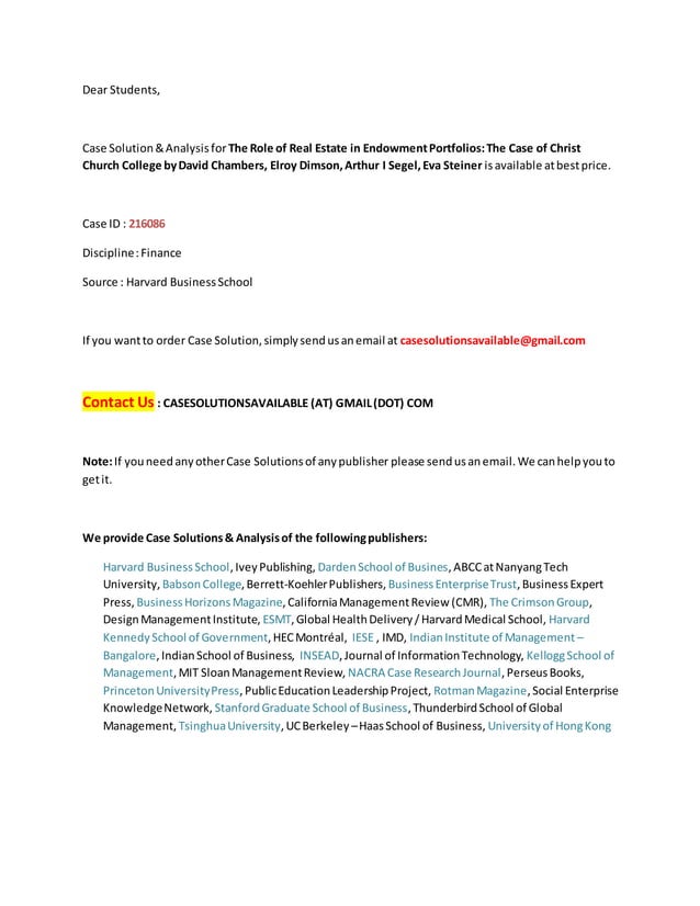 Case Solution for The Role of Real Estate in Endowment Portfolios: The ...