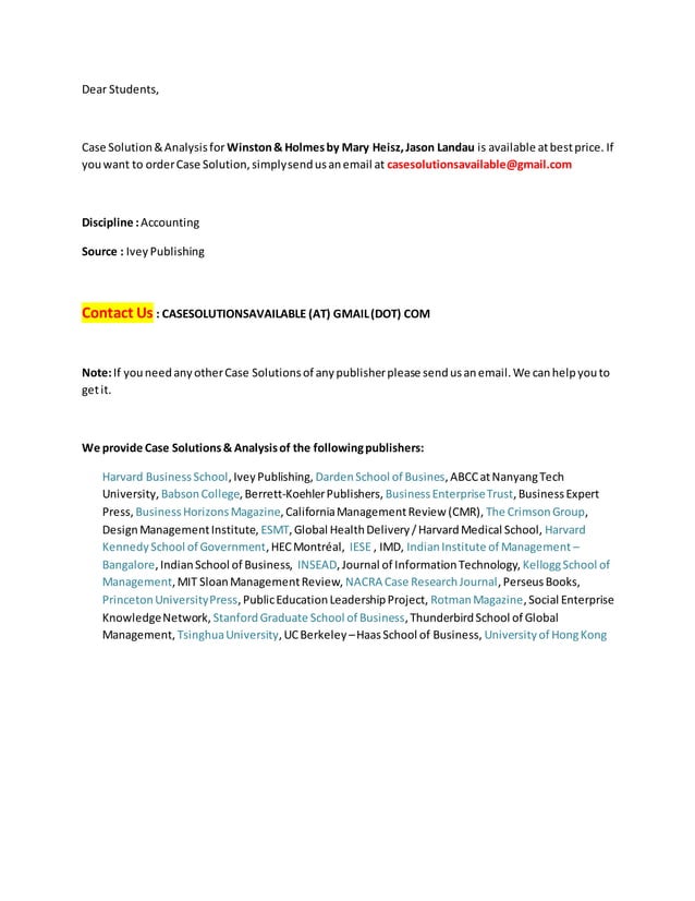 Case Solution for Winston & Holmes | DOCX