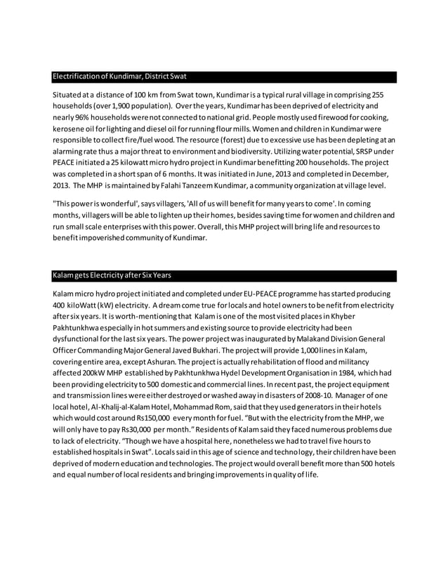 Peochar, District Swat Micro Hydro Project | PDF