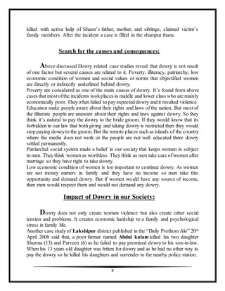 Case studies on dowry as a factor of violence on women in society. | DOCX