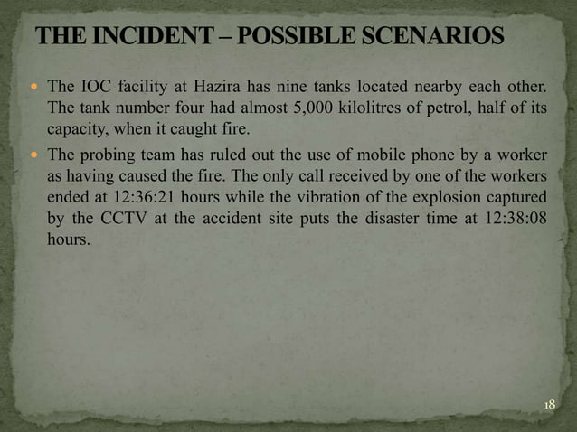 Case study: Fire in IOC terminal Jaipur & IOC terminal Hazira | PPTX | Injuries | Diseases and ...