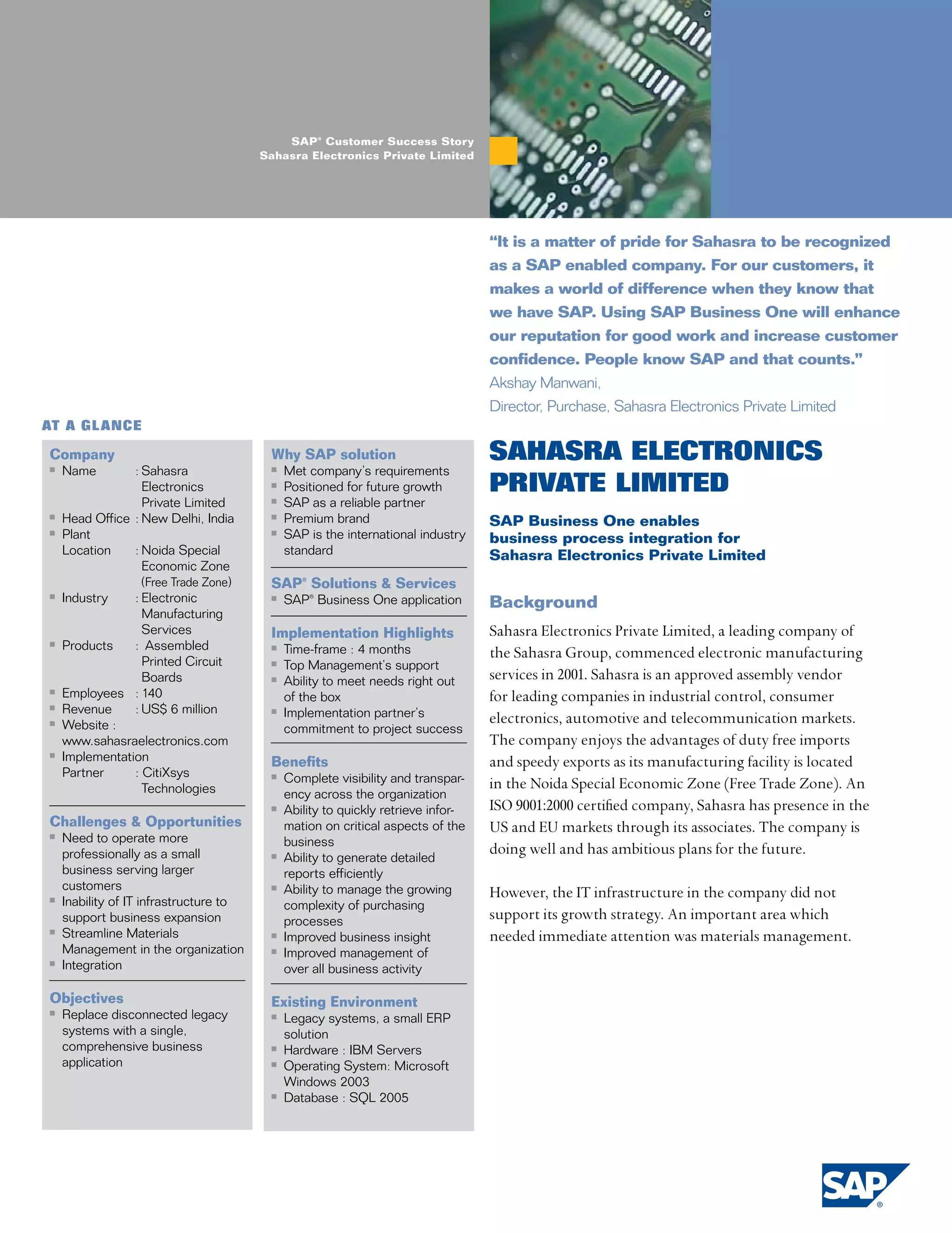 Case Study - SAP Business One - SAHASRA ELECTRONICS | PDF