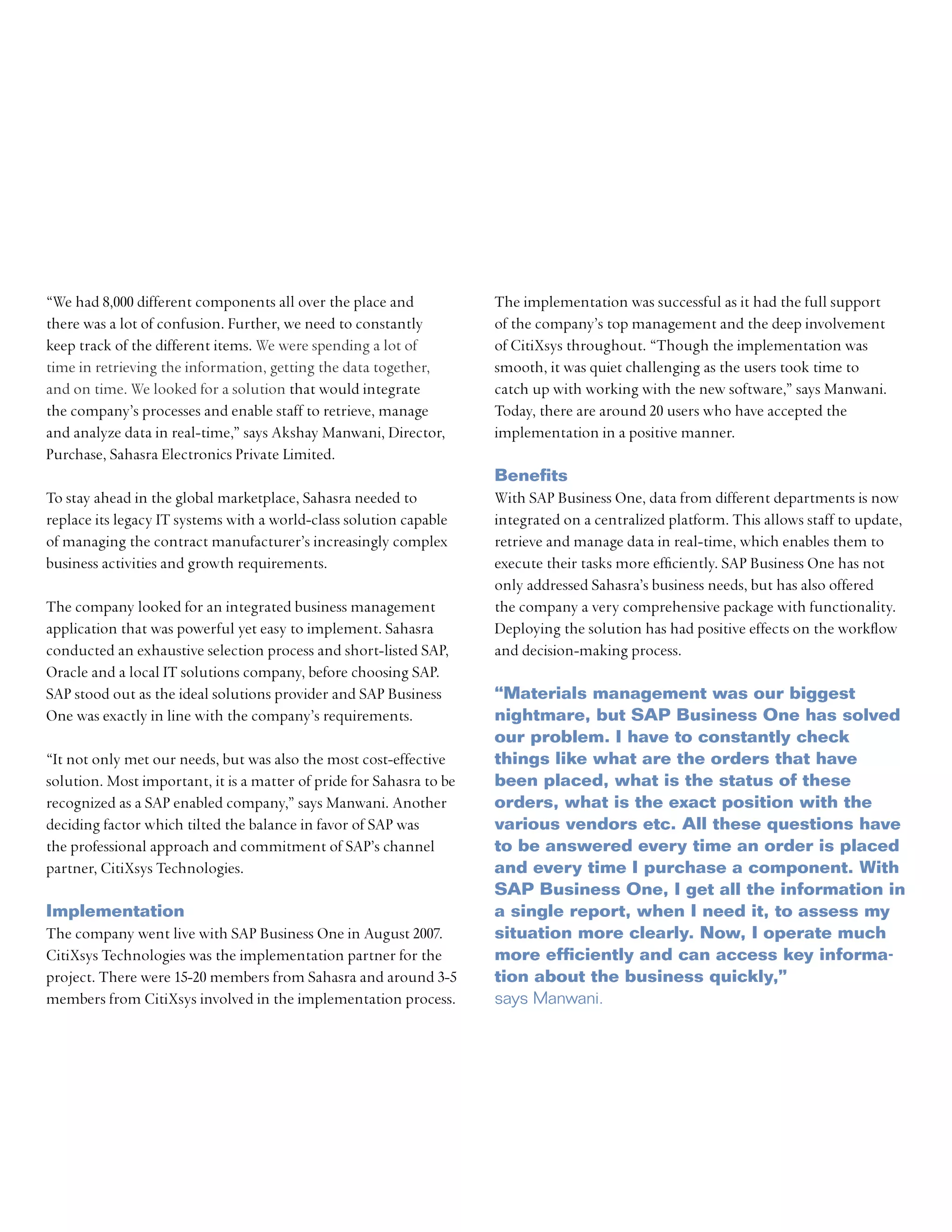 Case Study - SAP Business One - SAHASRA ELECTRONICS | PDF