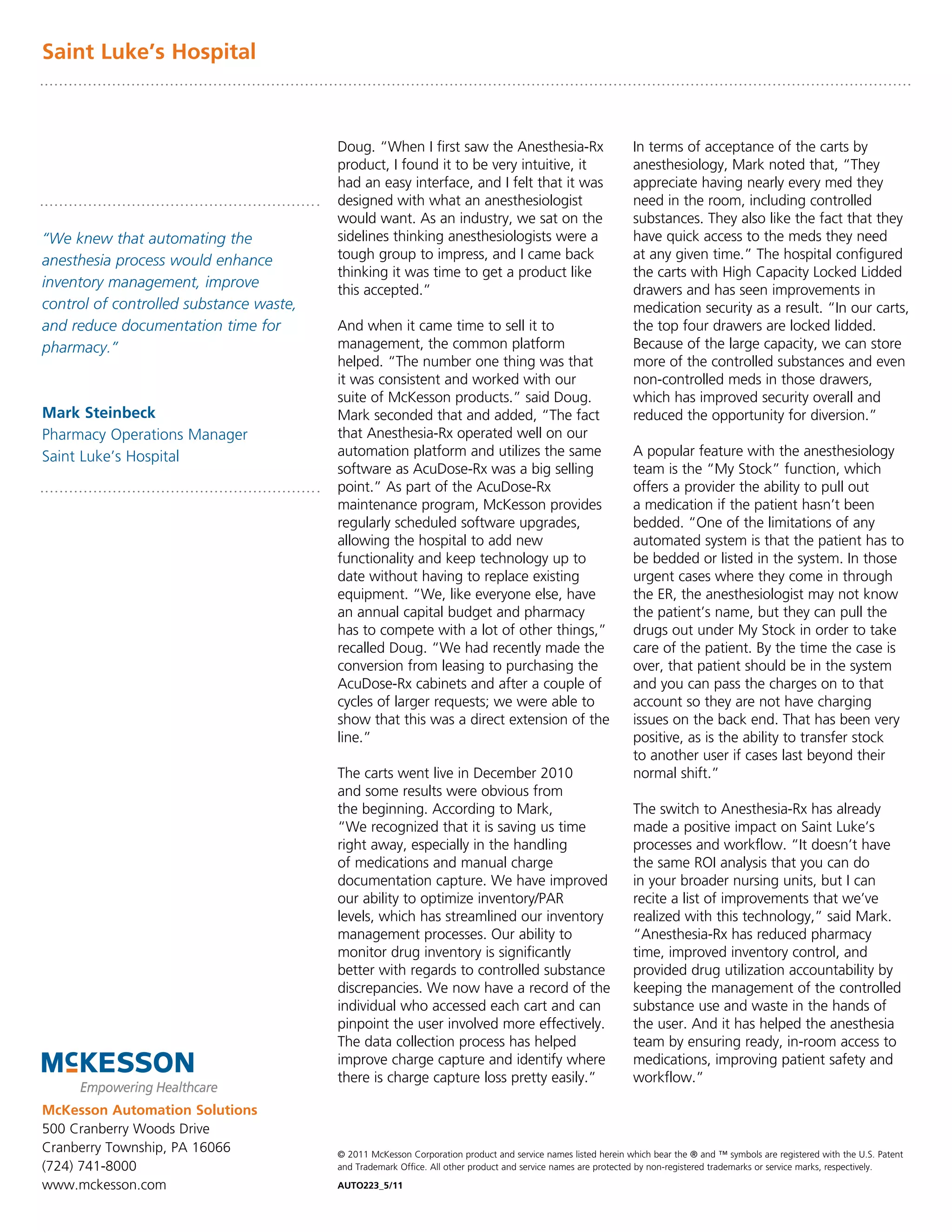 Case study stlukes(anesthesia)-the final frontier of automation | PDF