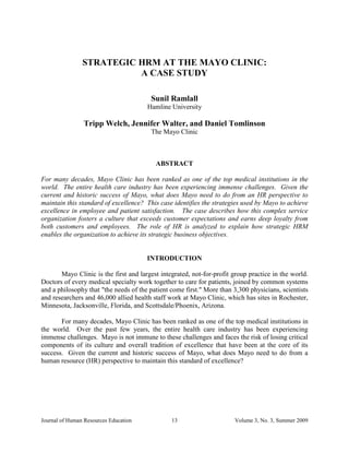 Strategic hrm at mayo clinic - journal of hrm education | PDF