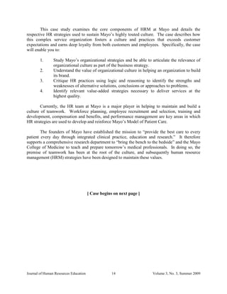 Strategic hrm at mayo clinic - journal of hrm education | PDF