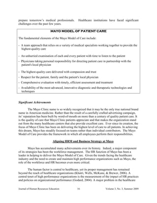 Strategic hrm at mayo clinic - journal of hrm education | PDF