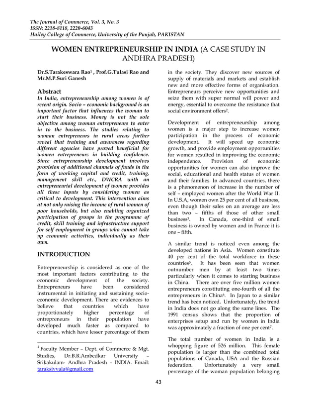 WOMEN ENTREPRENEURSHIP IN INDIA (A CASE STUDY IN ANDHRA PRADESH)