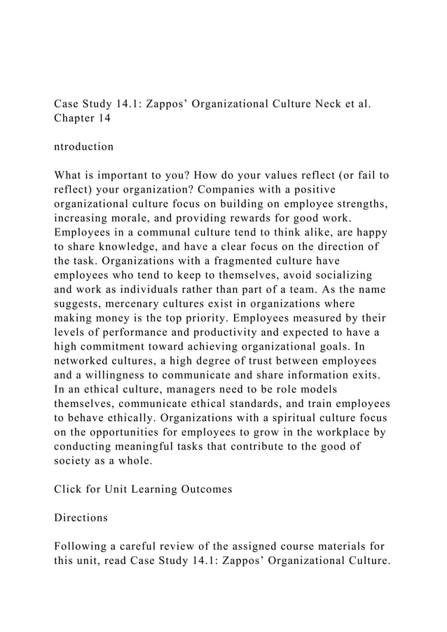 Case Study 14.1 Zappos’ Organizational Culture Neck et al. Chap.docx