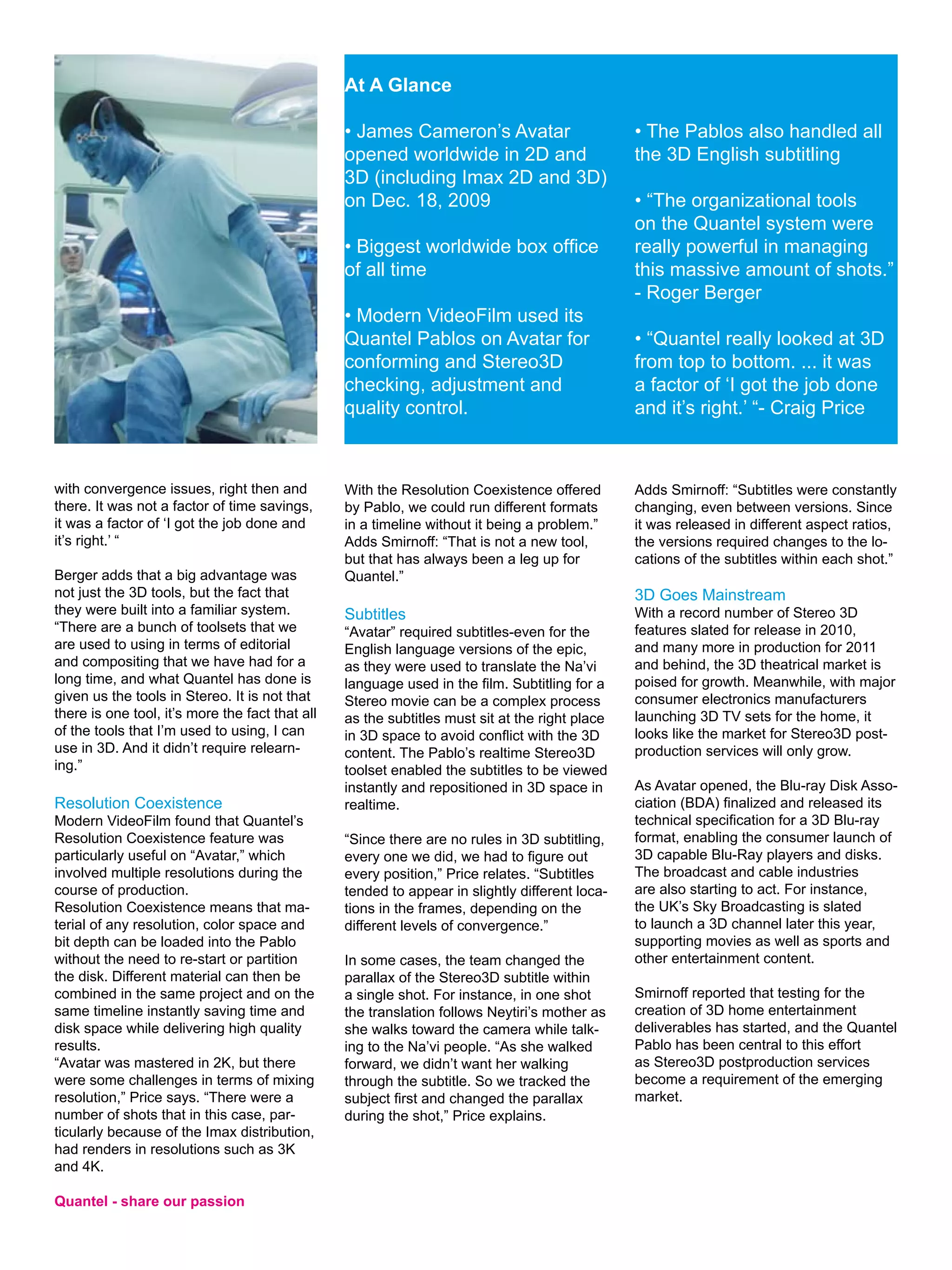 Finishing 'Avatar' With Pablo - Modern VideoFilm Relies On Quantel For ...