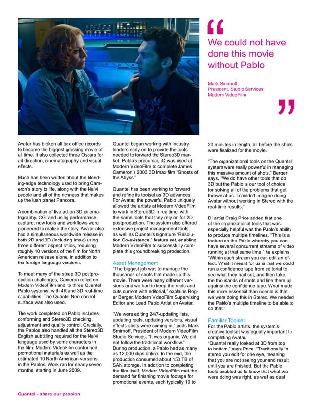 Finishing 'Avatar' With Pablo - Modern VideoFilm Relies On Quantel For ...