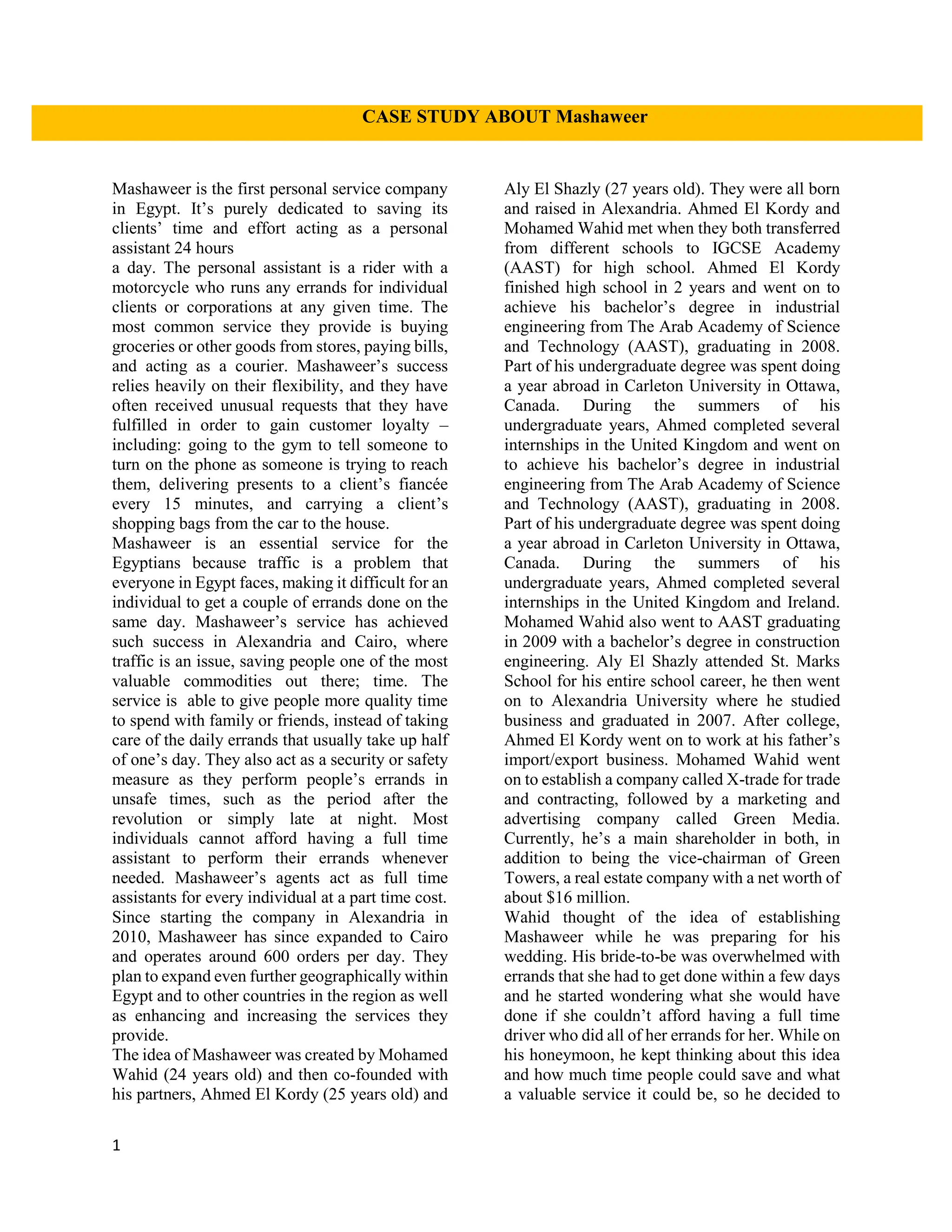 Case study about Mashaweer with case study questions and their answer sheet | DOCX