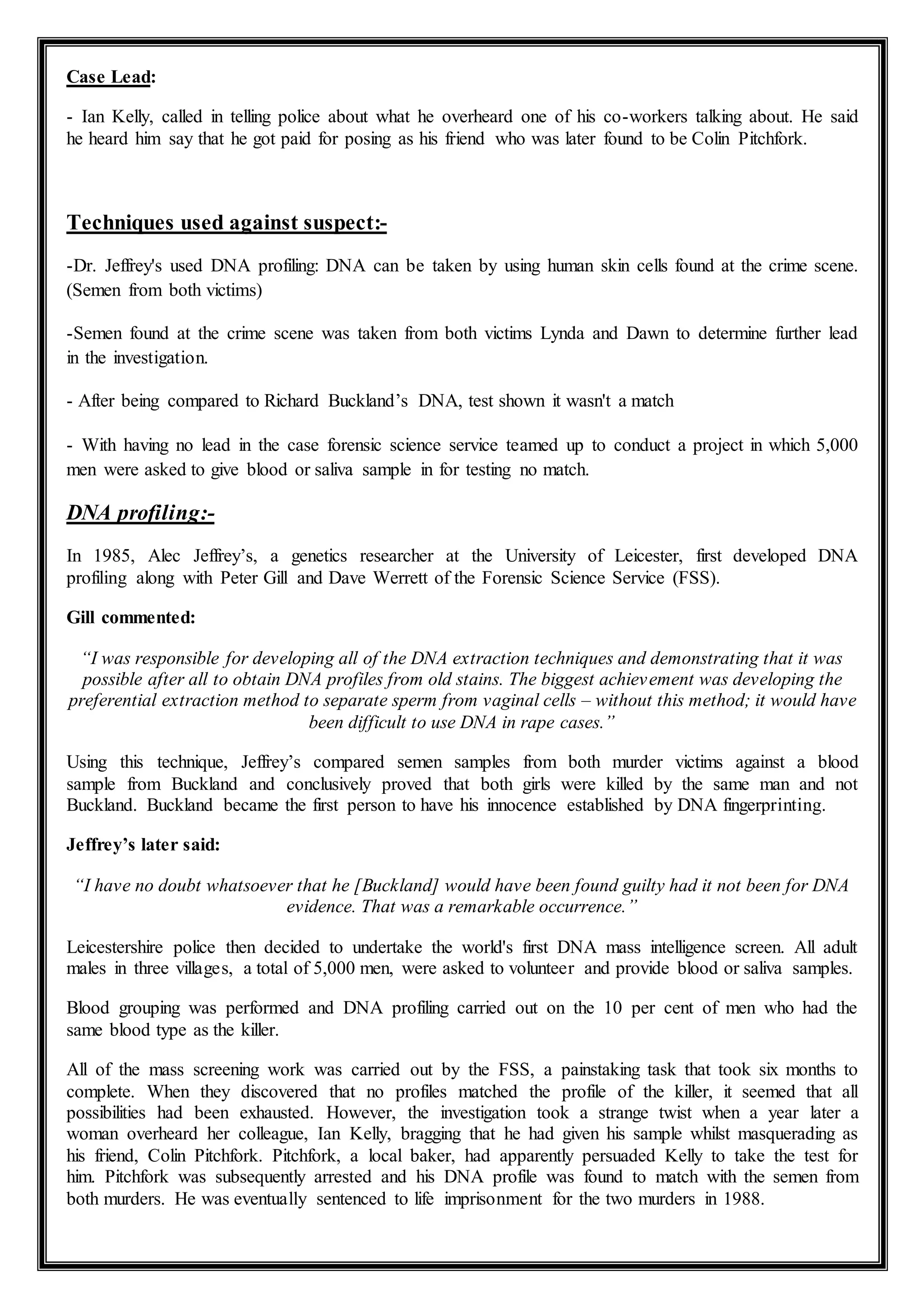 Forensic Biology Case Study :- The Colin Pitchfork Case | DOCX