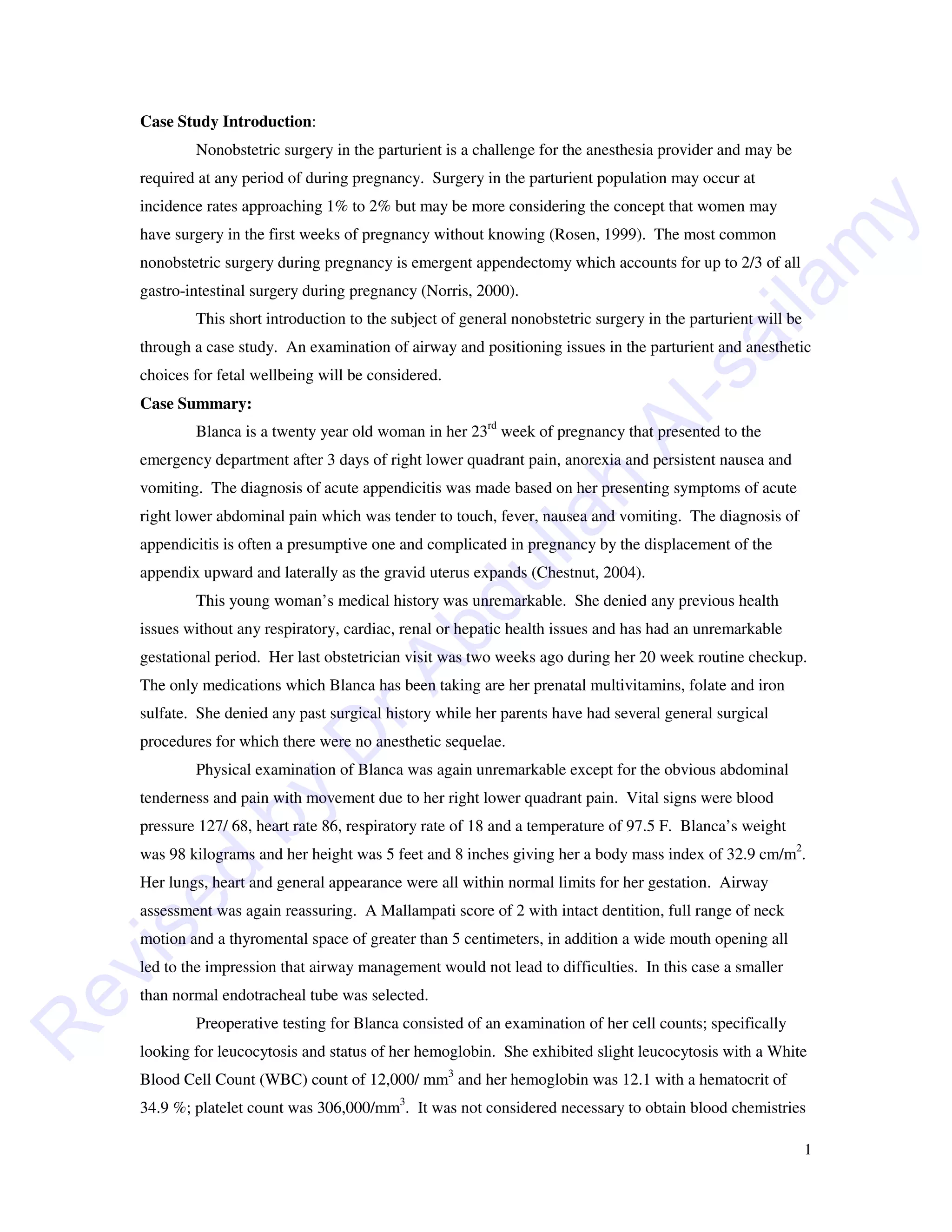 Case study; general anesthesia for acute appendectomy in a pregnant ...