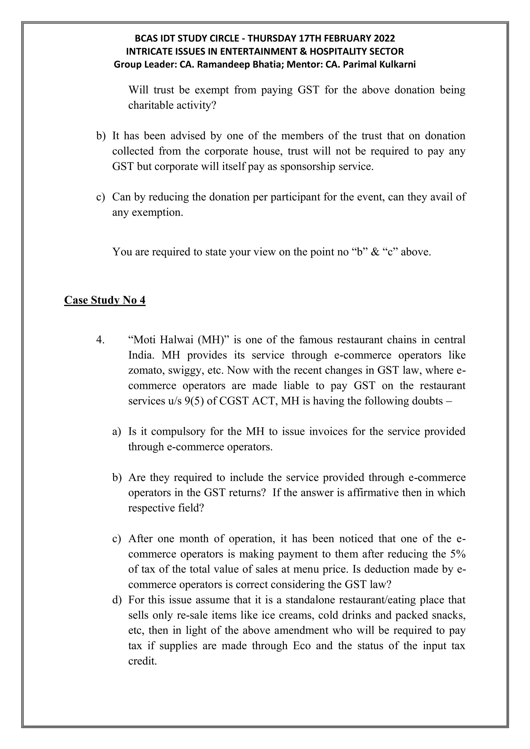 CASE STUDY PAPER - GST- INTRICATE ISSUES IN ENTERTAINMENT & HOSPITALITY ...