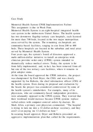 Case StudyMemorial Health System CPOE Implementation Failure | DOCX