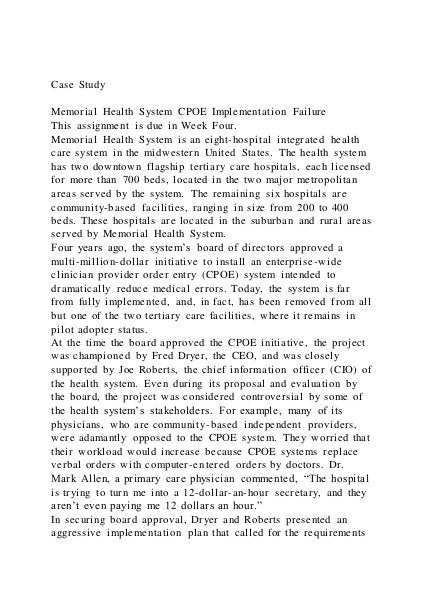 Case Studymemorial Health System Cpoe Implementation Failure Docx