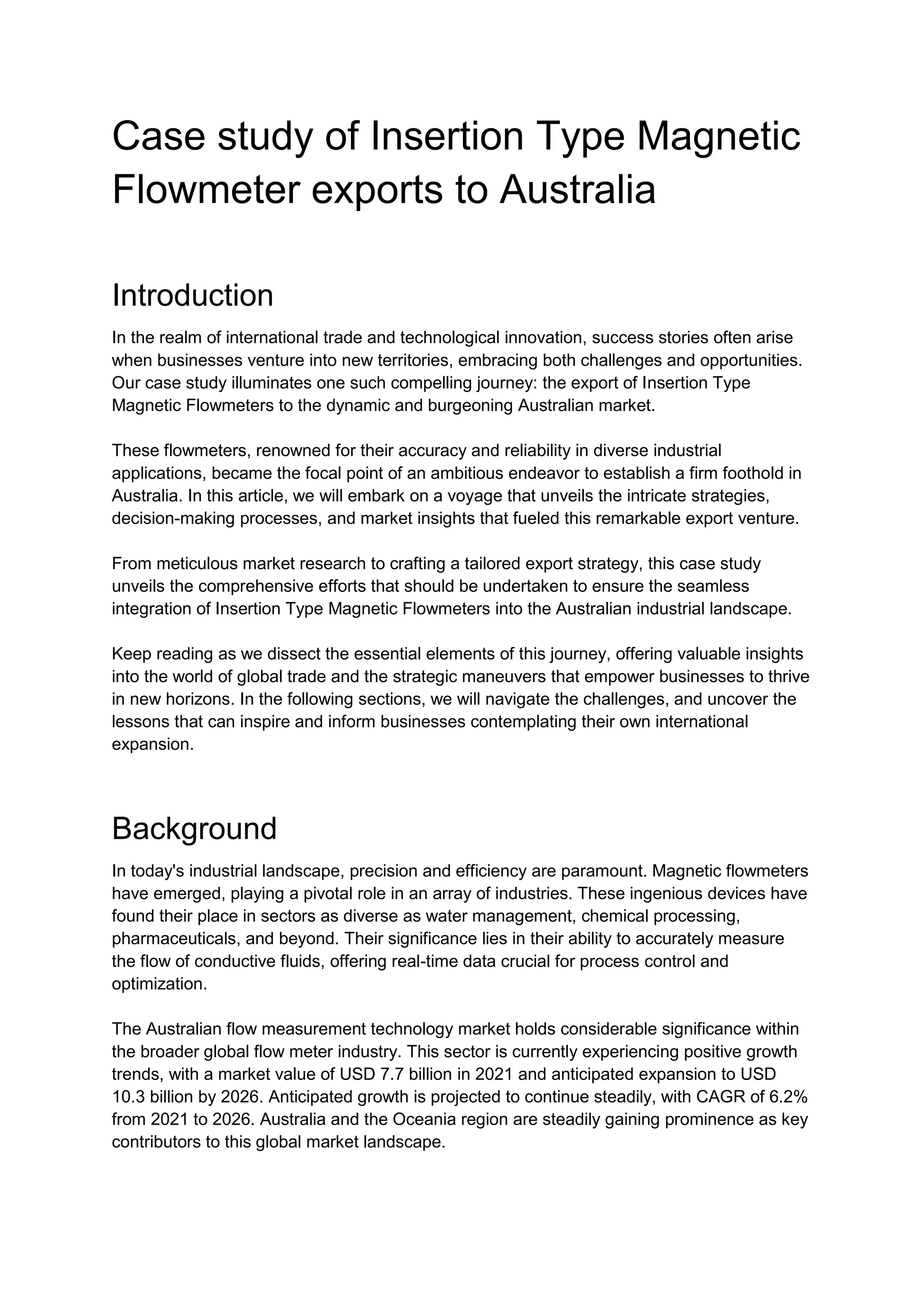 case study of Insertion Type Magnetic Flowmeter exports to Australia ...