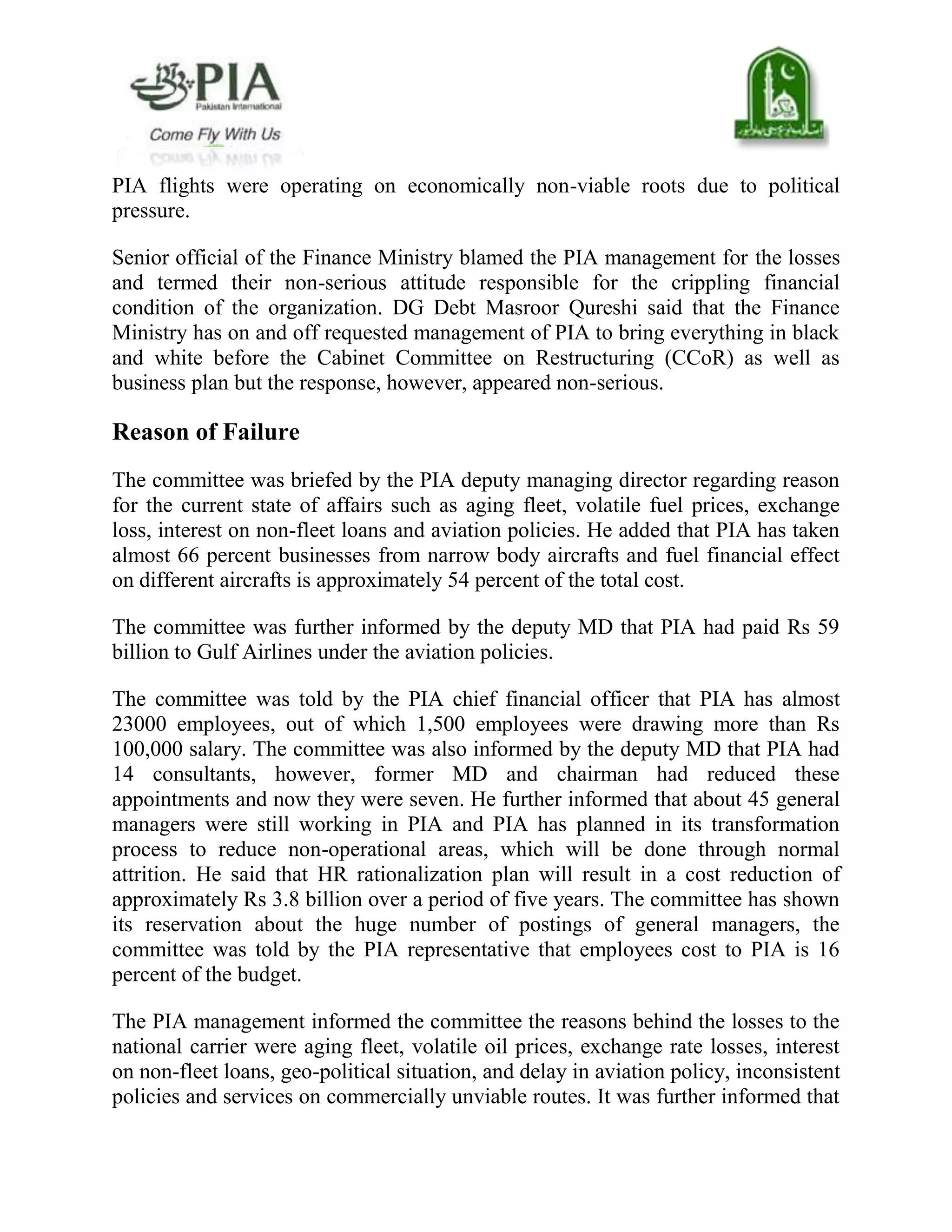 Case study of pakistan international airline(pia) downfalls | DOCX