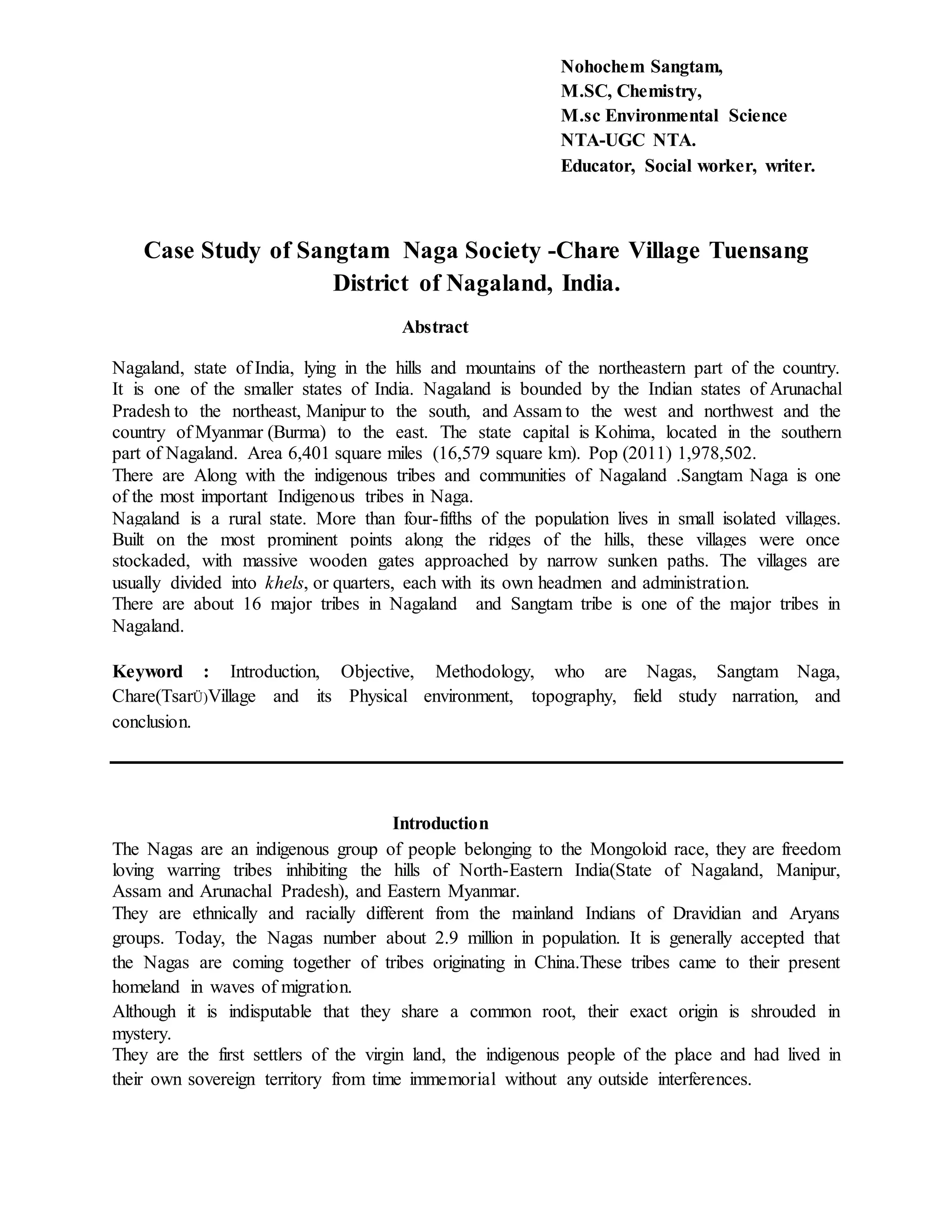 Case study of sangtam naga society chare village tuensang district of ...