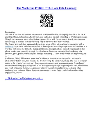 Case Study Of The Coca Cola Company And Coca-Cola FEMA | PDF