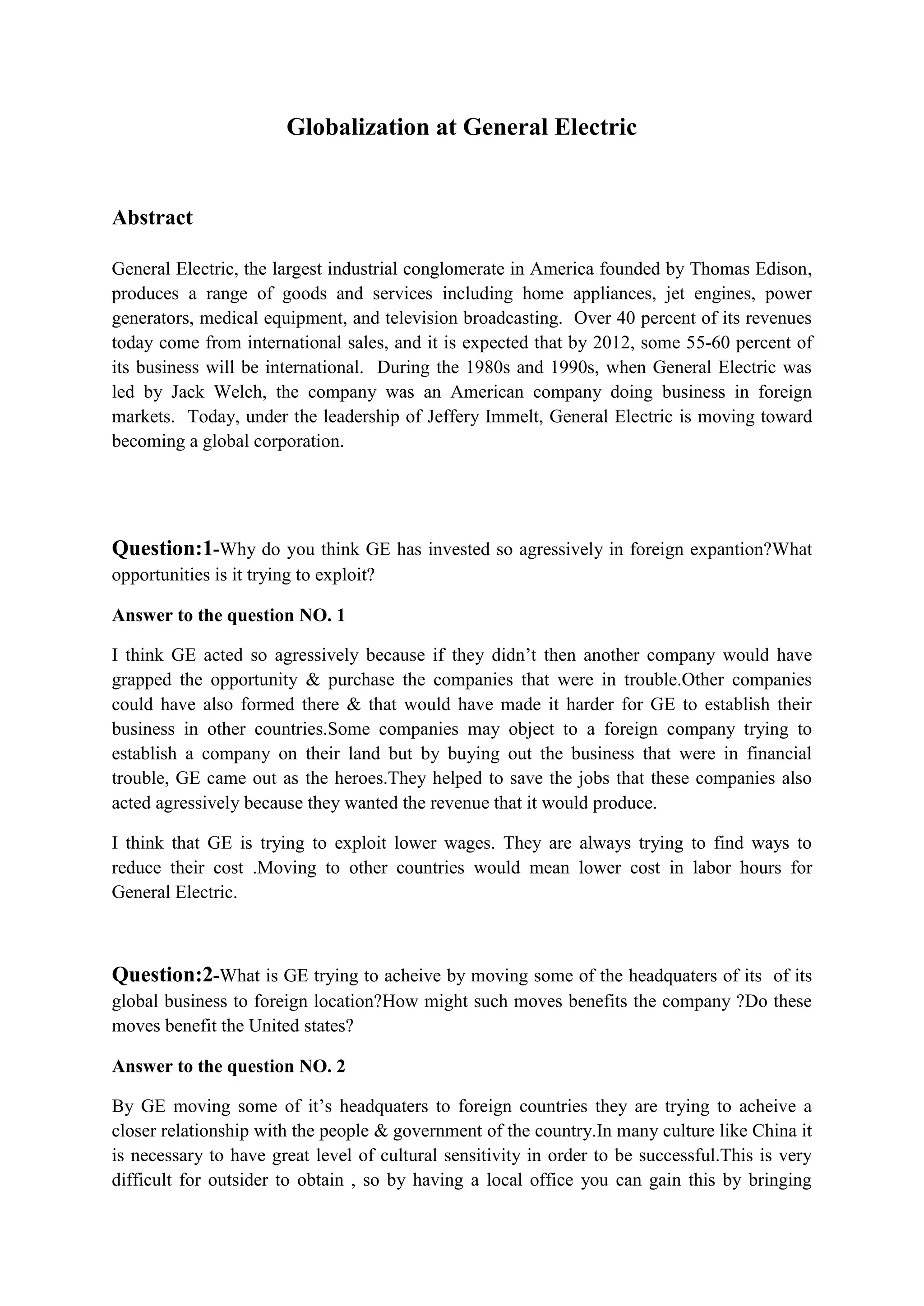 Case study on globalization at general electric | DOCX