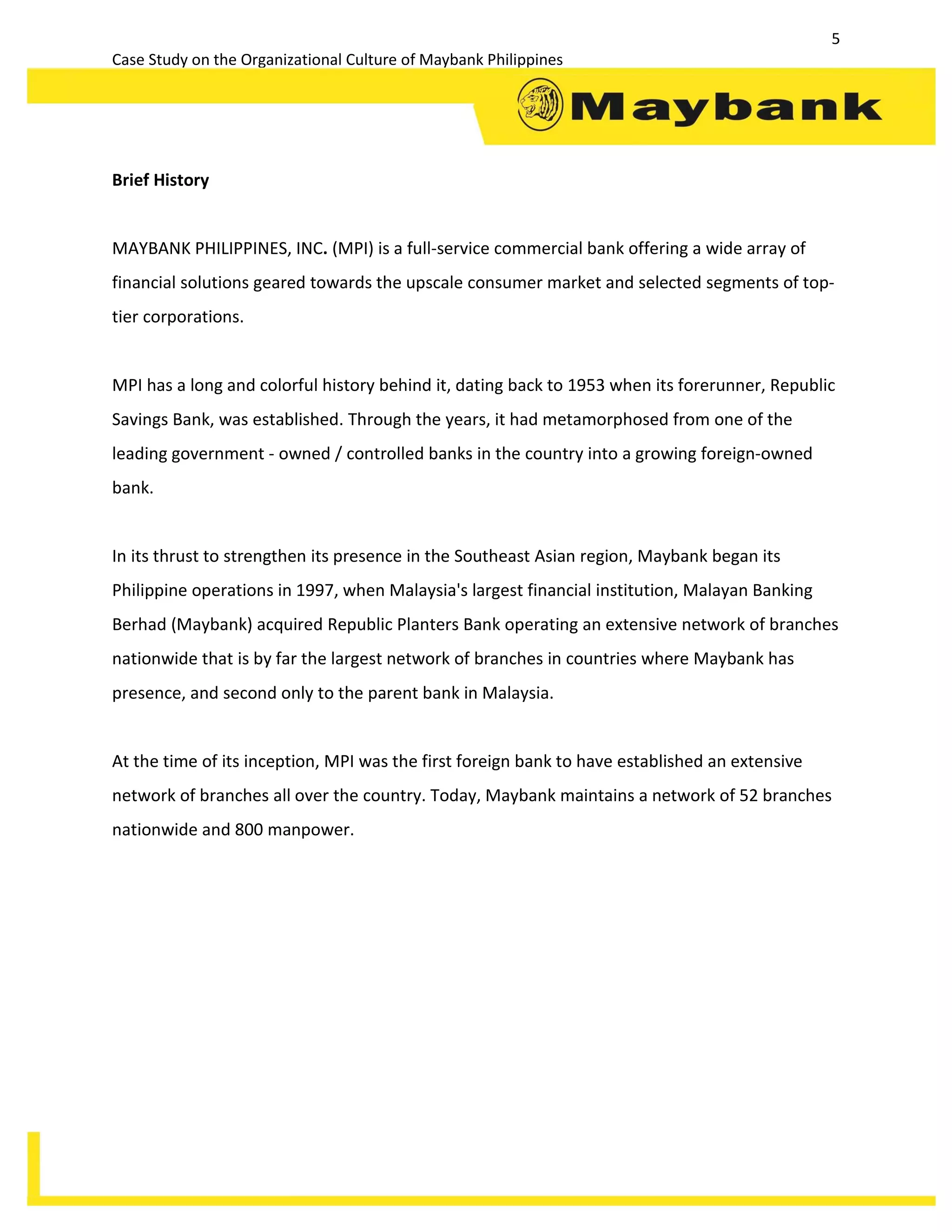 Case study on the organizational culture of maybank philippines | PDF