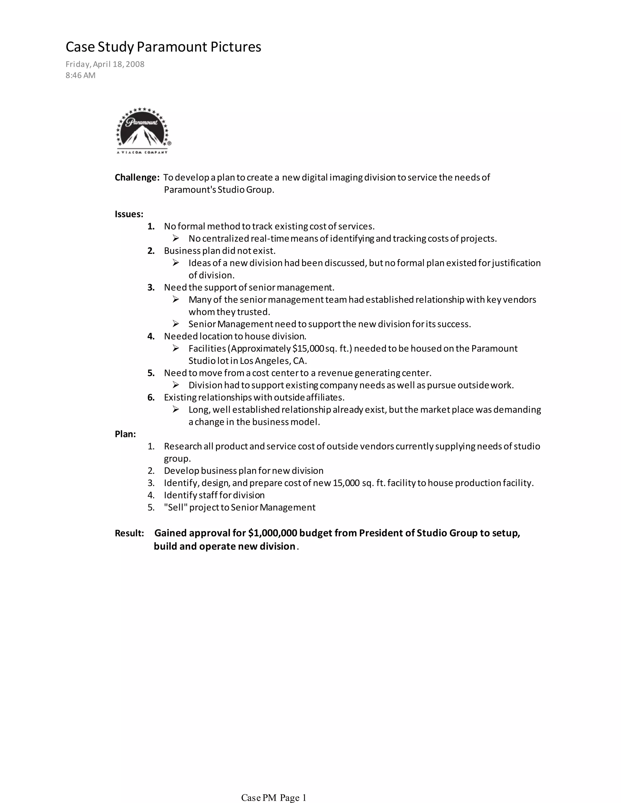 Case Study Paramount Pictures | PDF