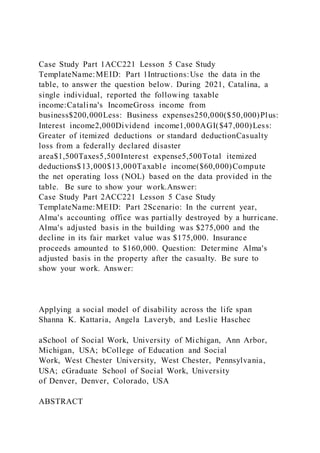 Case Study Part 1ACC221 Lesson 5 Case Study TemplateNameMEID Par | PDF