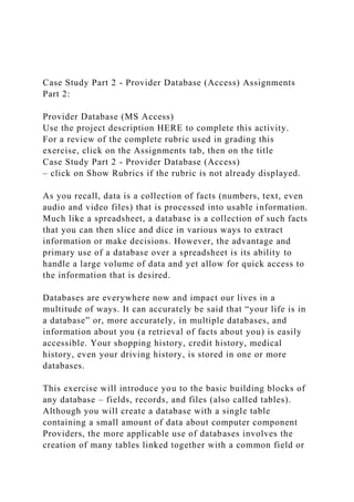 Case Study Part 2 - Provider Database (Access) AssignmentsPart.docx