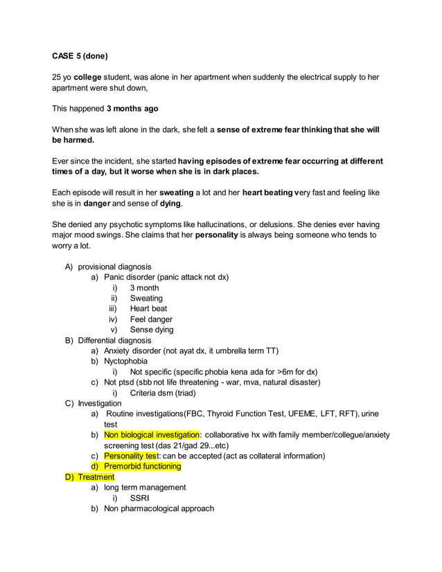 Case study psychiatric anxiety | DOCX | Injuries | Diseases and Conditions