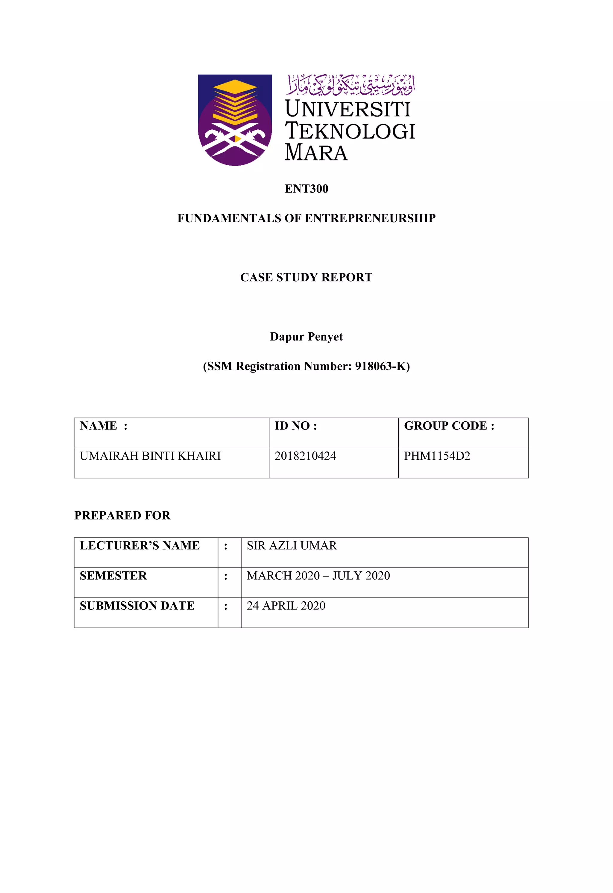 UiTM - Case Study Report (ENT300) | PDF