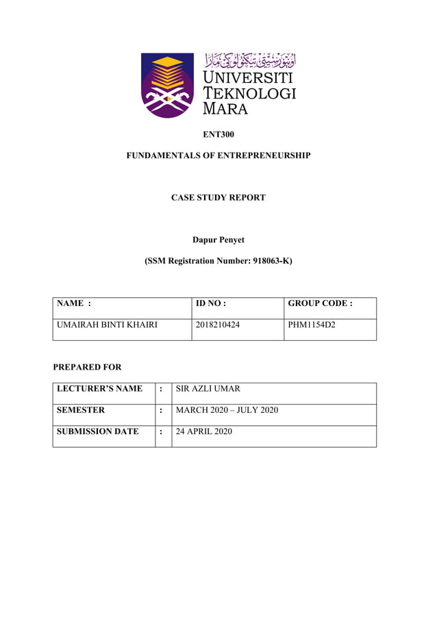 UiTM - Case Study Report (ENT300) | PDF