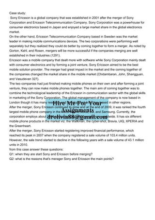 Case study Sony Ericsson is a global company that was es.pdf | Mergers and Acquisitions ...