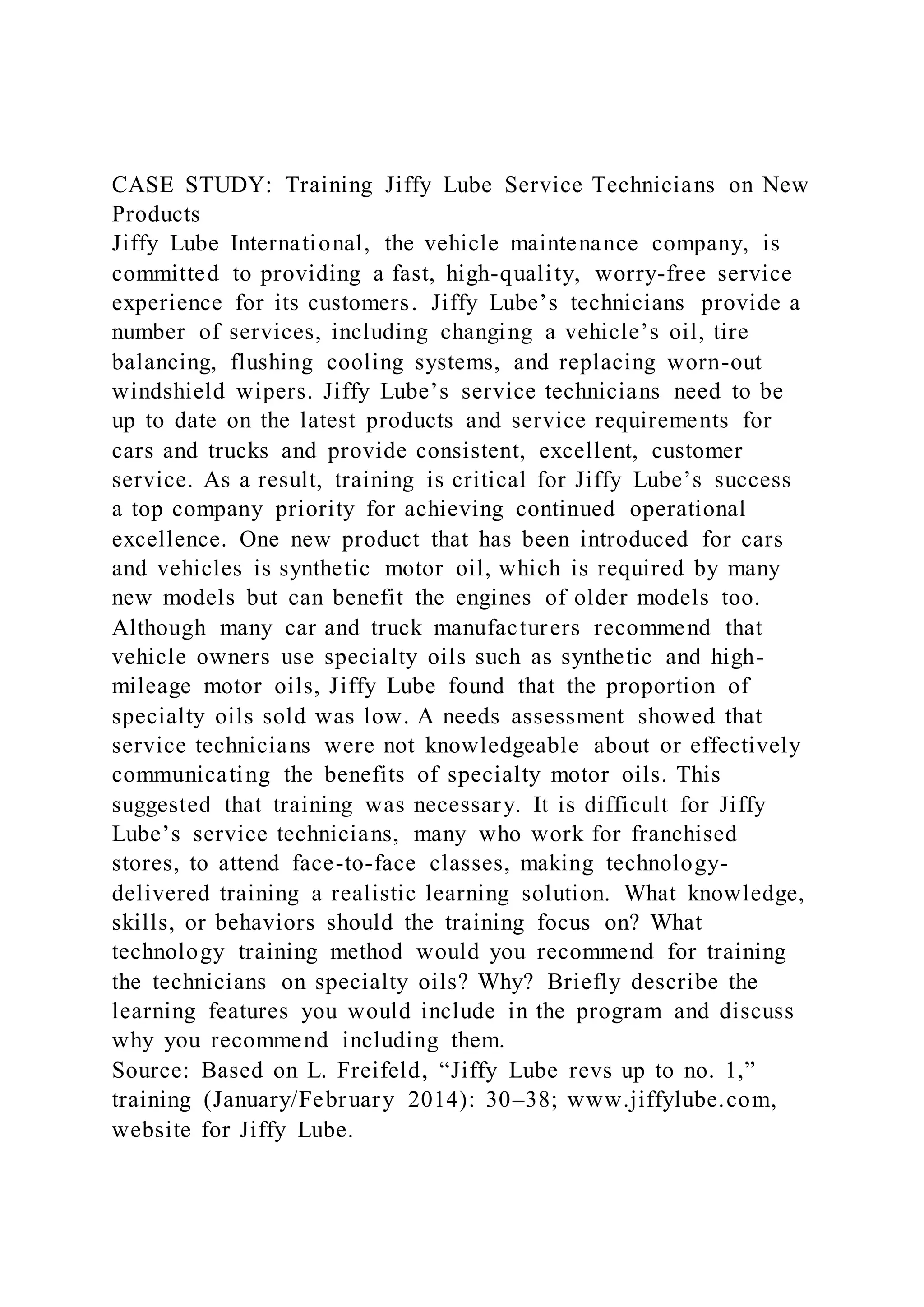 Case study training jiffy lube service technicians on new product | DOCX