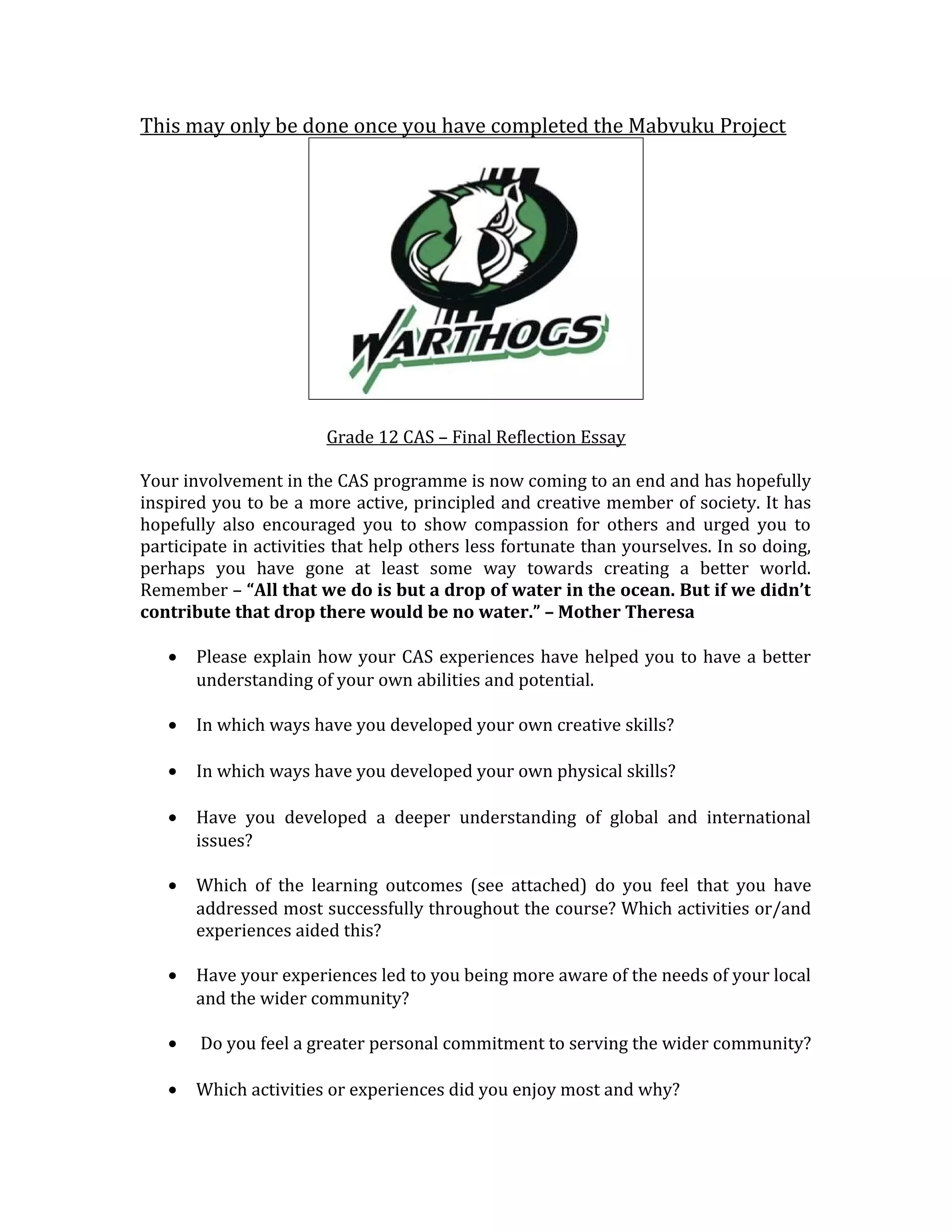 CAS final reflection essay | DOC