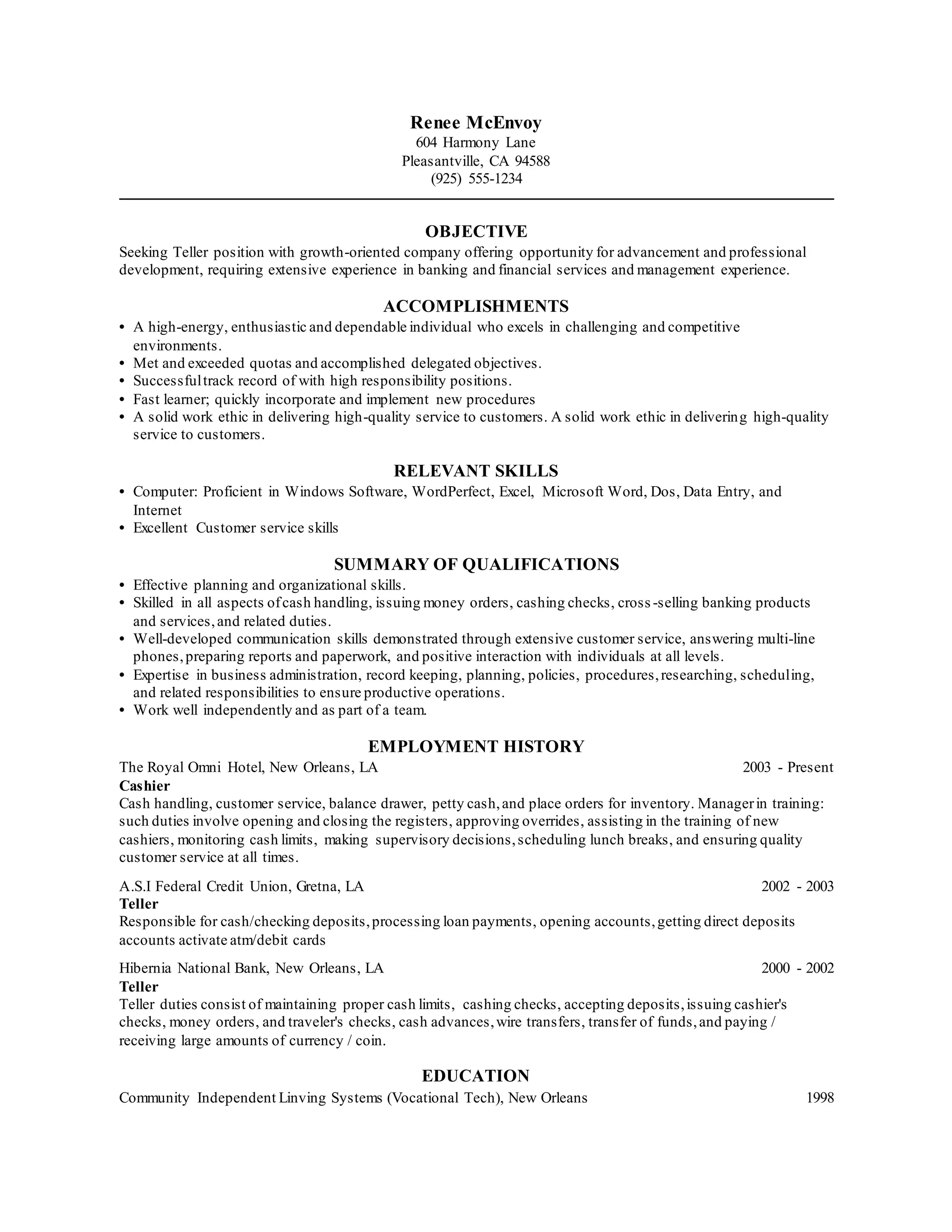 Cashier CV template | DOCX