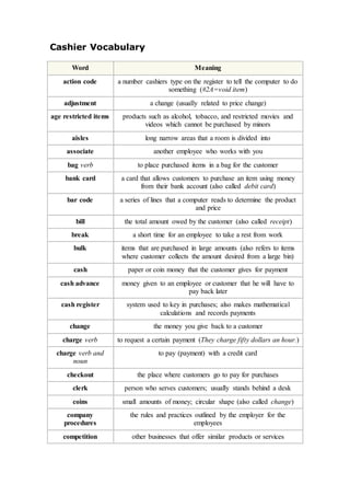 Cashier vocabulary | DOC