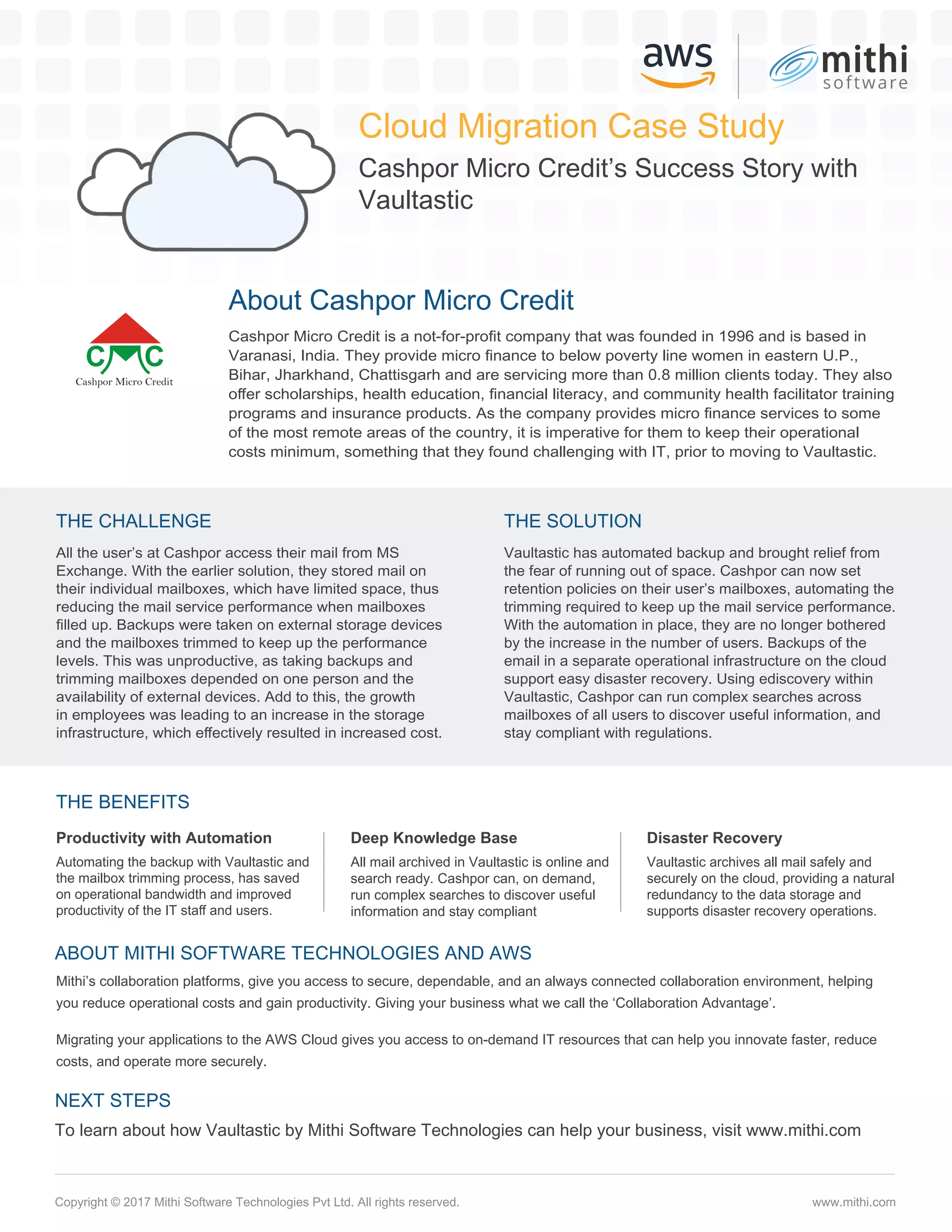 Case Study: Cashpor Micro Credit's Success Story with Vaultastic | PDF