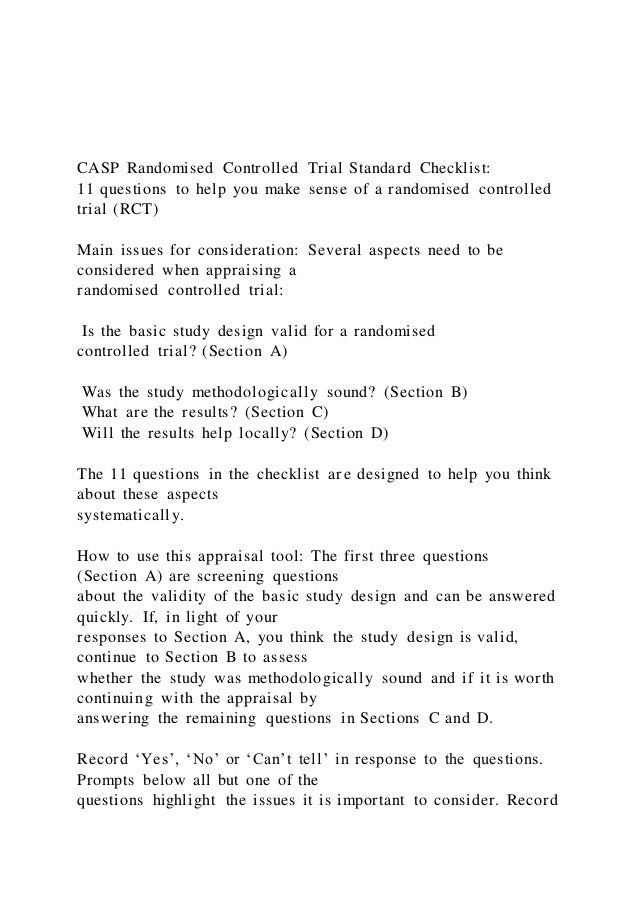 CASP Randomised Controlled Trial Standard Checklist 11 que | PDF