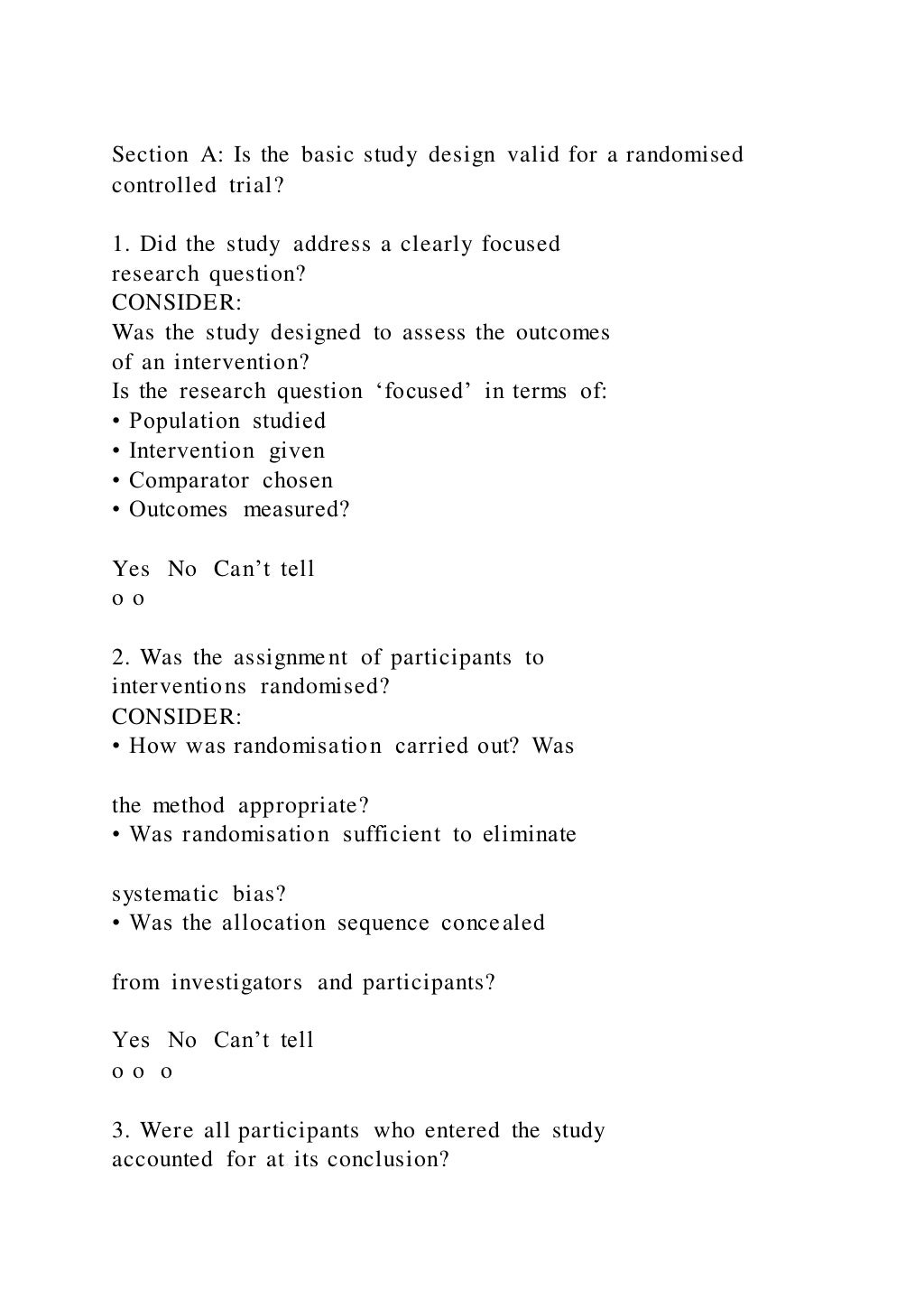 CASP Randomised Controlled Trial Standard Checklist 11 que | DOCX